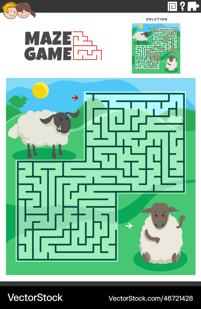 Maze game activity with cartoon sheep characters Vector Image