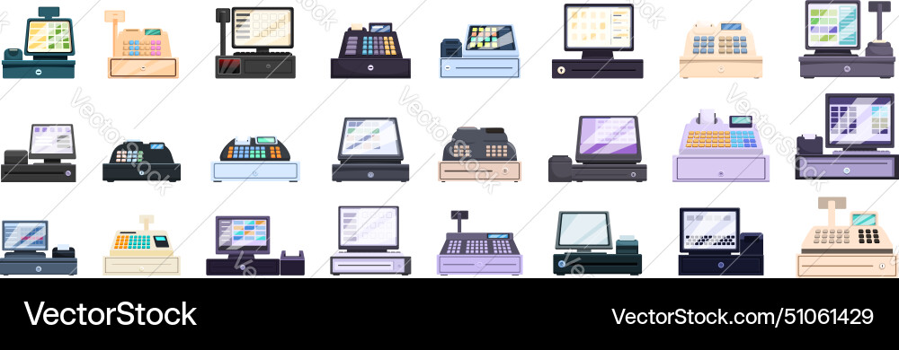 Cashier machine icons set cartoon small Royalty Free Vector