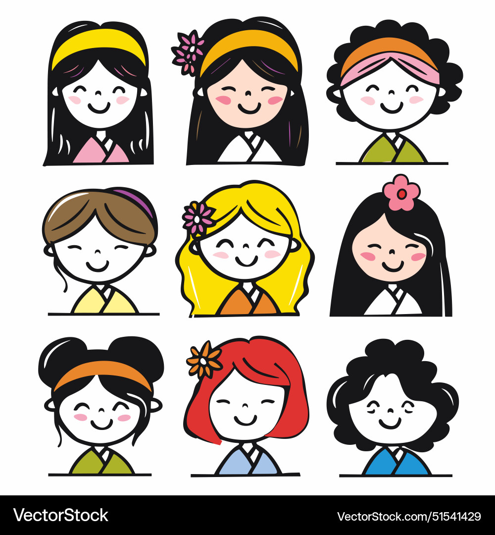 Nine cartoon female characters distinct Royalty Free Vector