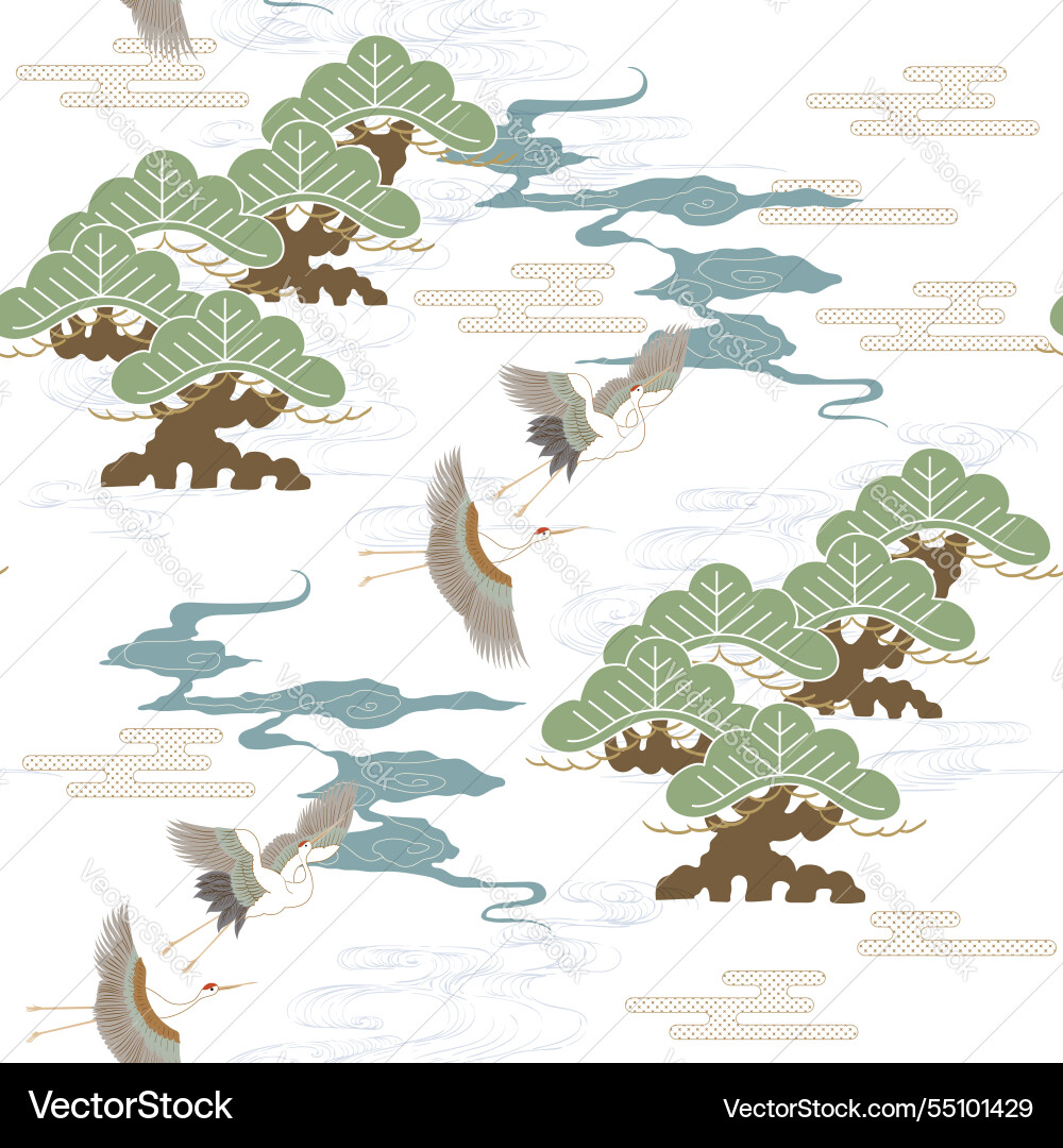 Seamless pattern crane birds and pine tree Vector Image
