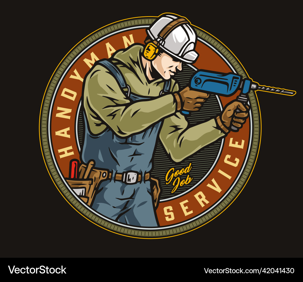 Handyman service round emblem with worker Vector Image