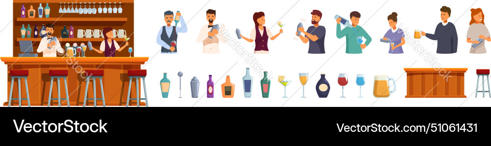 Bartender making cocktail icons set cartoon Vector Image