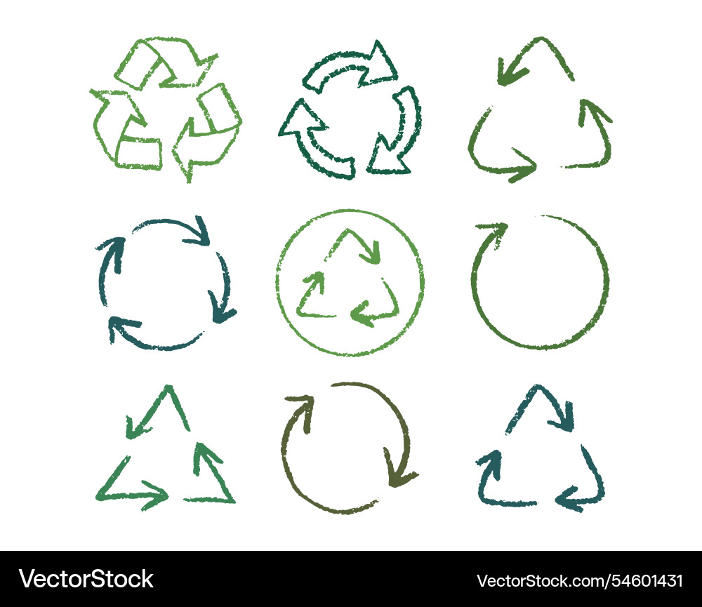 Recycle arrow hand drawn pencil line icon set Vector Image
