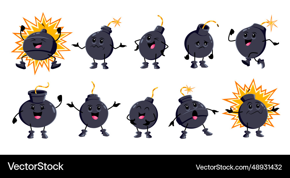 Cartoon bomb characters different face expressions