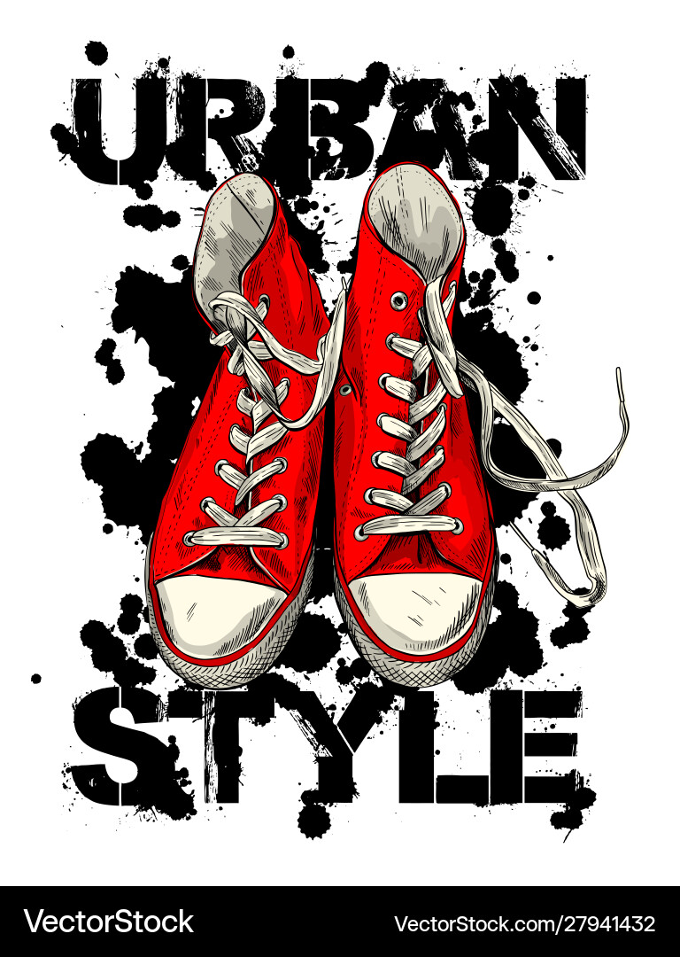 Red vintage sneakers with black ink blots Vector Image