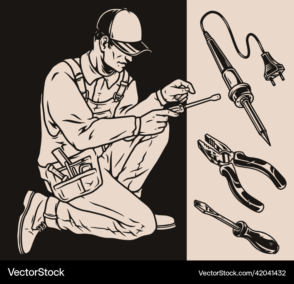 Repairman and tools monochrome elements Royalty Free Vector