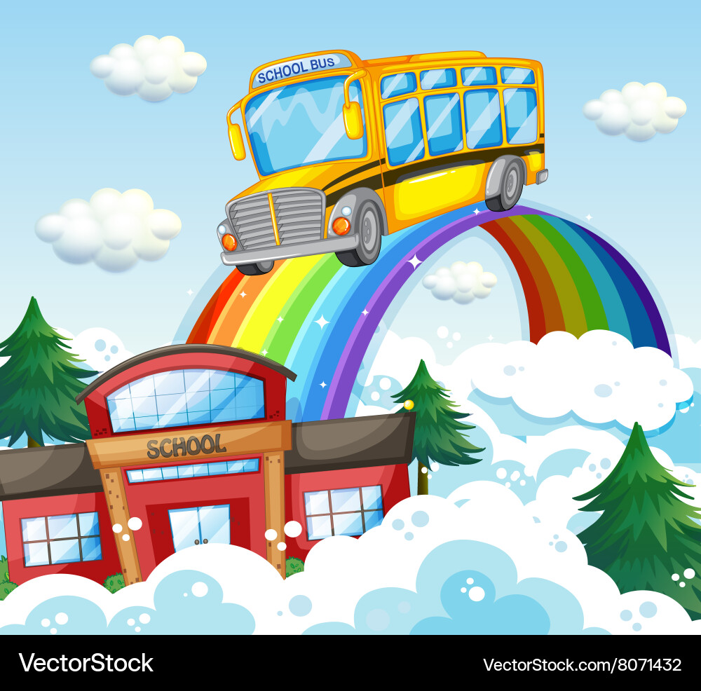 School bus riding over the rainbow Royalty Free Vector Image