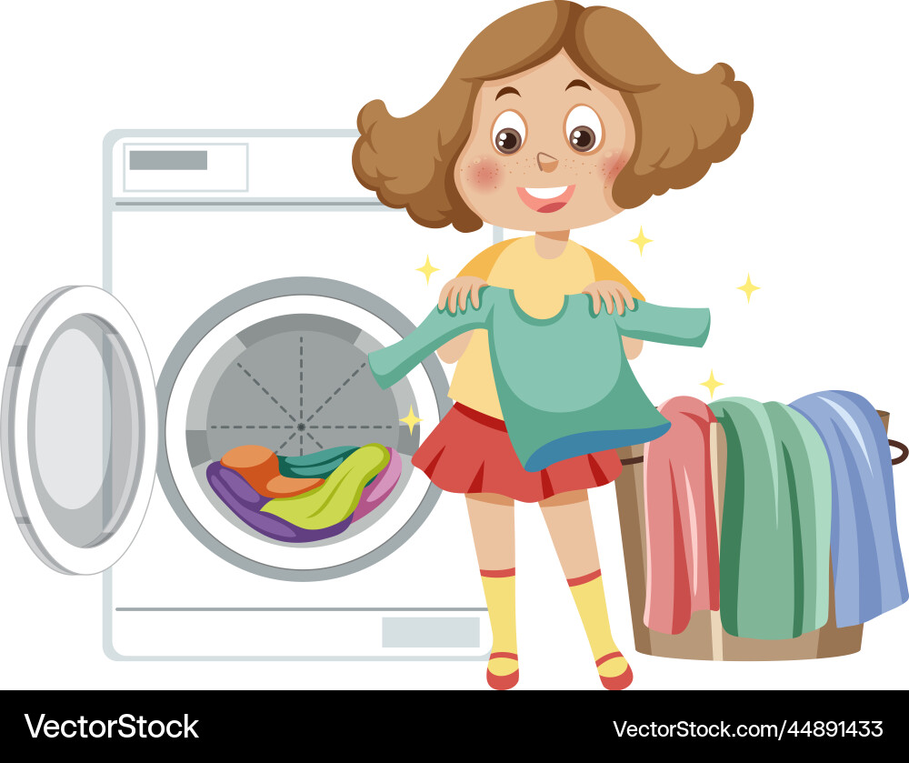 Cartoon girl doing laundry with washing machine Vector Image
