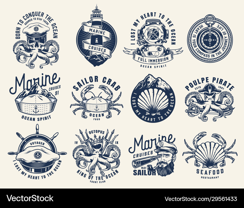Vintage monochrome nautical emblems set Royalty Free Vector