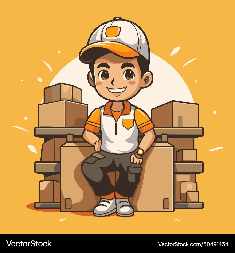 Cute boy worker with boxes in cartoon style Vector Image