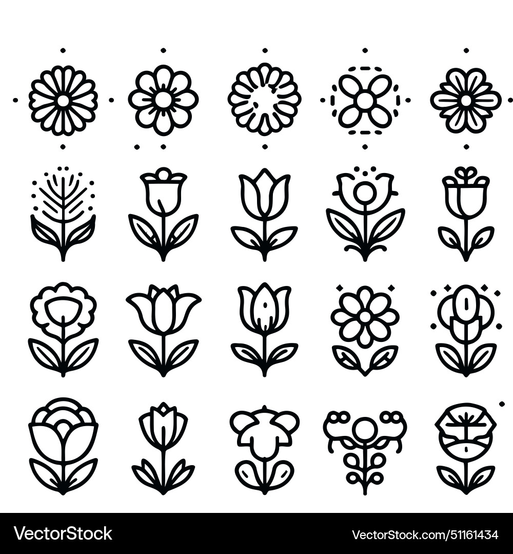 Flowers line icons set blooming plants Royalty Free Vector
