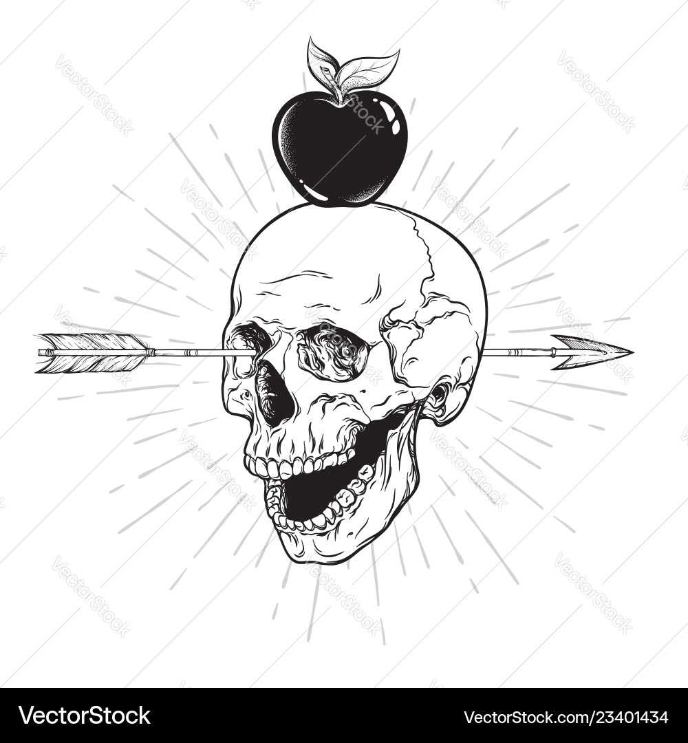 Human skull pierced with arrow line art and dot Vector Image