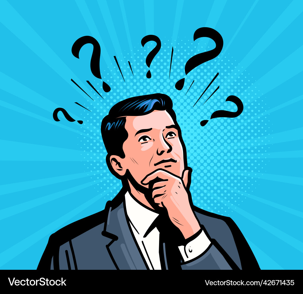 Businessman with question marks man thinks how Vector Image