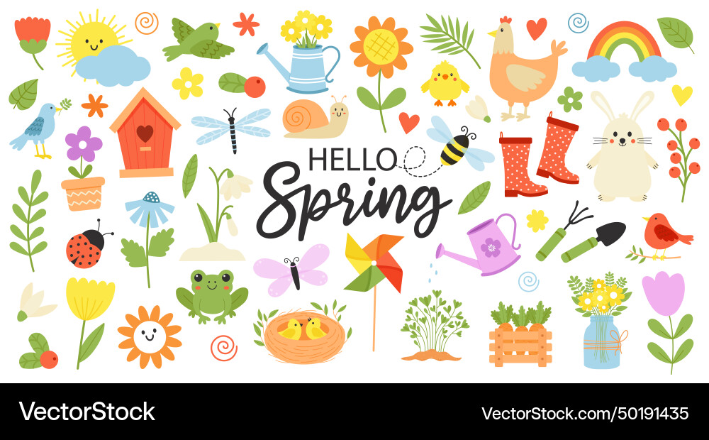 Cute spring elements set hello lettering Vector Image