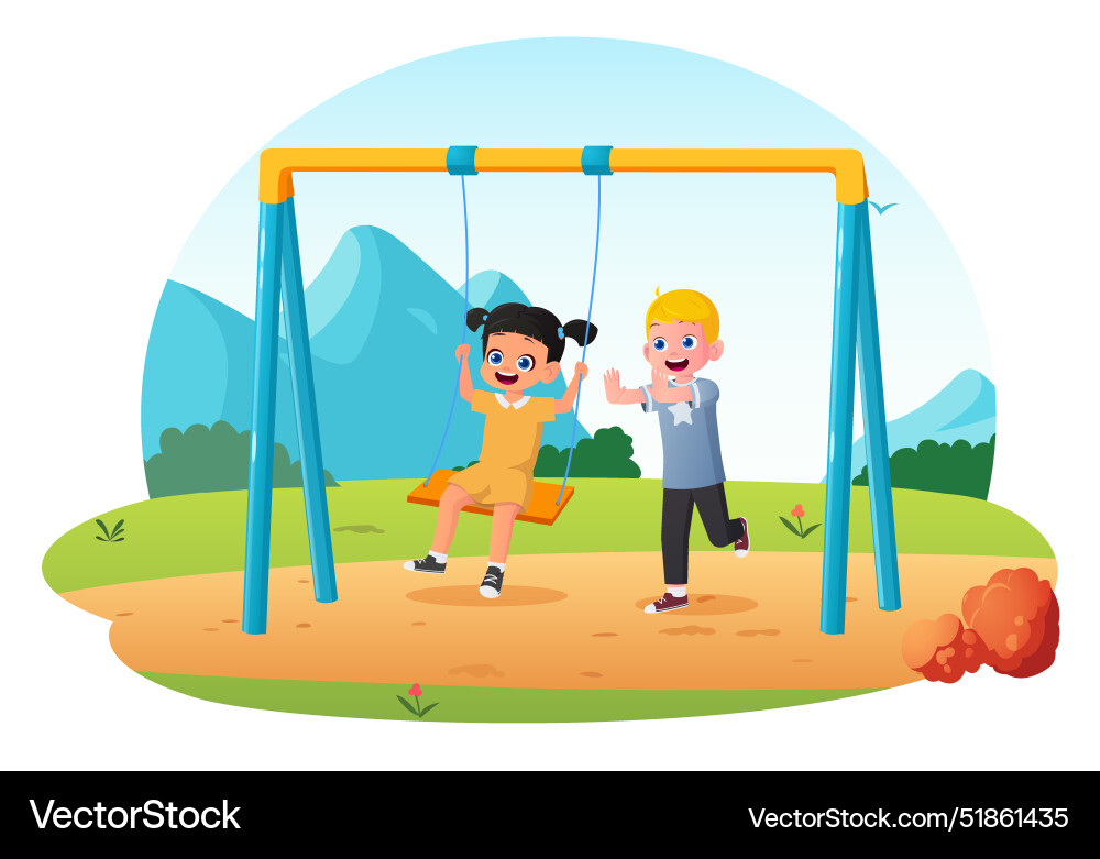 Happy cartoon kids playing on a swing girl Vector Image