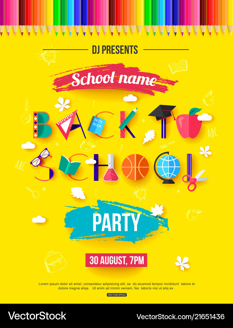 Back to school party invitation design Royalty Free Vector