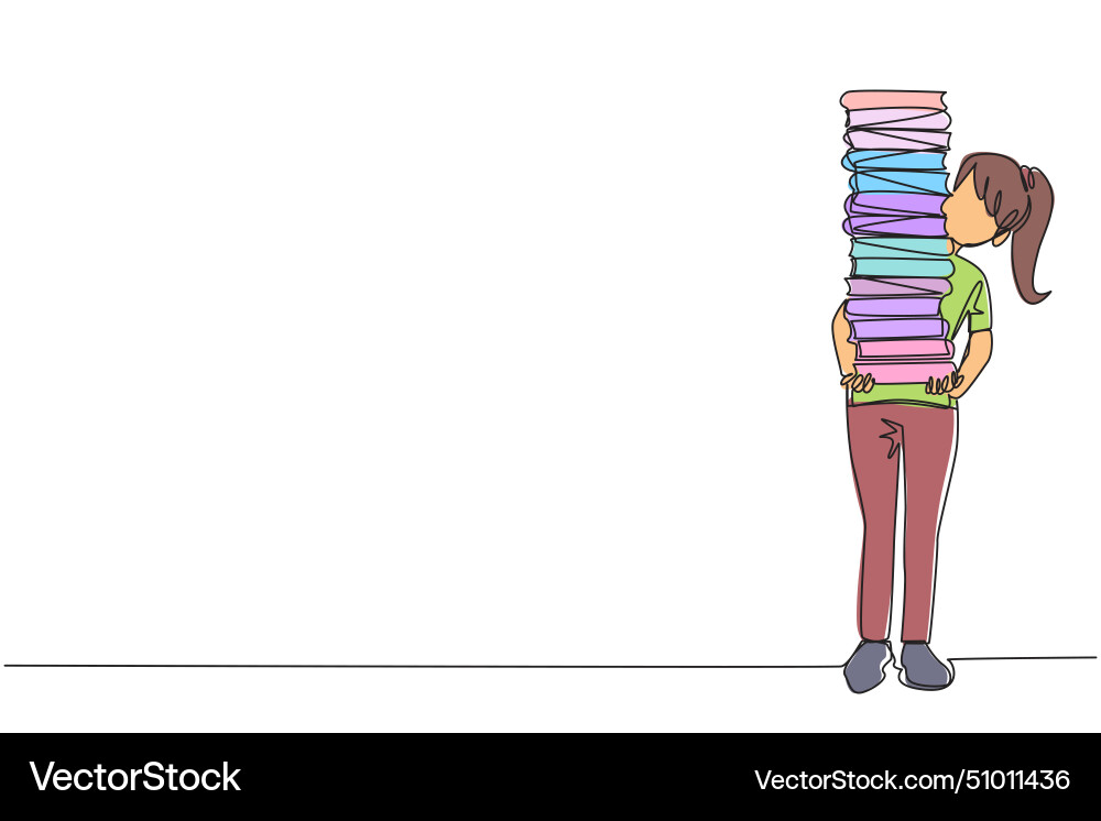 Single one line drawing woman carrying tall stack Vector Image