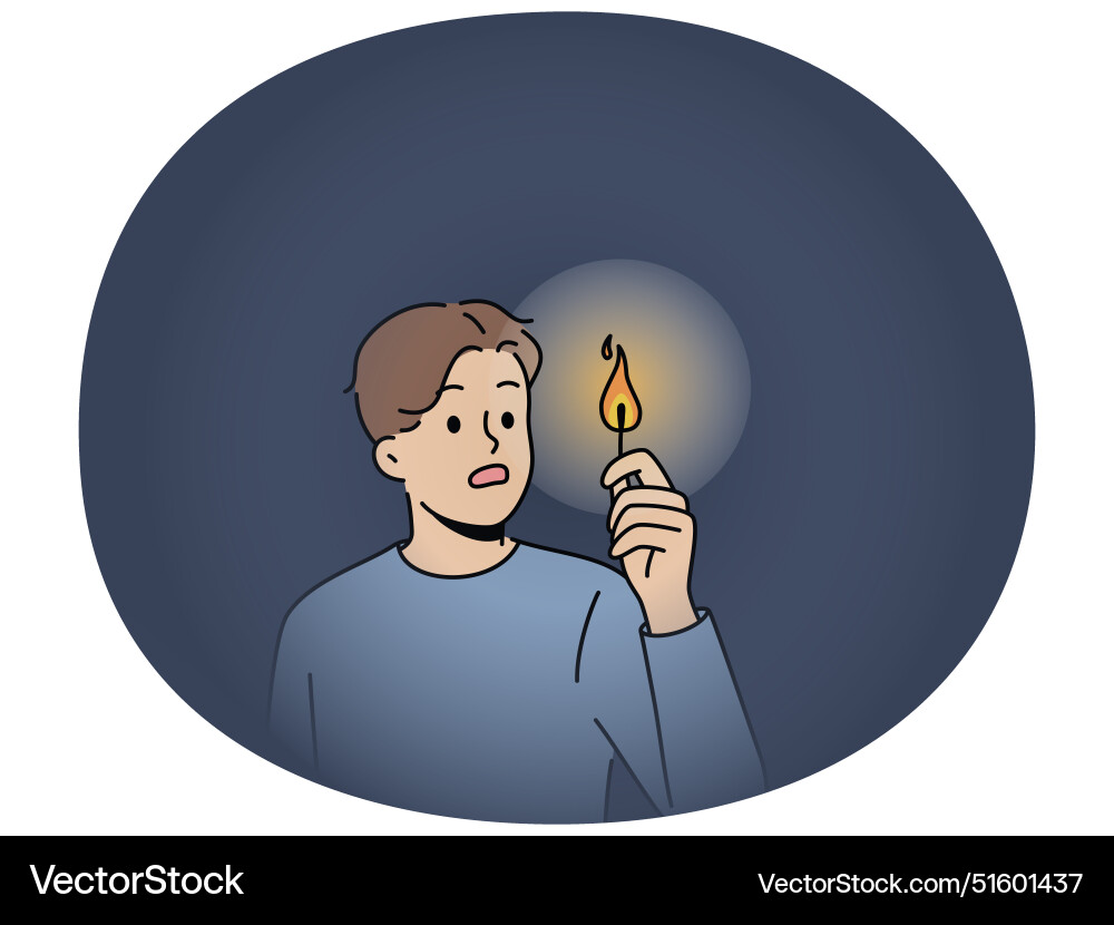 Scared man with lit match in dark Royalty Free Vector Image