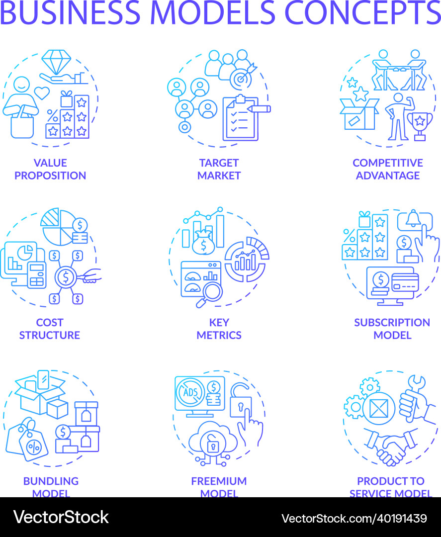 Geschäftsmodelle blaue Gradienten-Konzept Icons gesetzt
