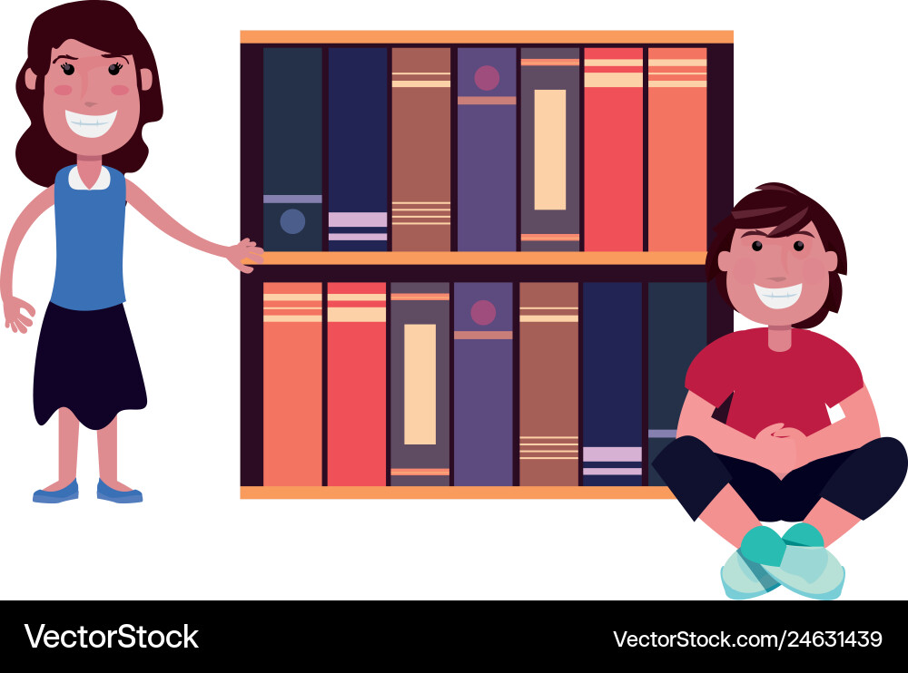 Happy girl and boy bookshelf Royalty Free Vector Image