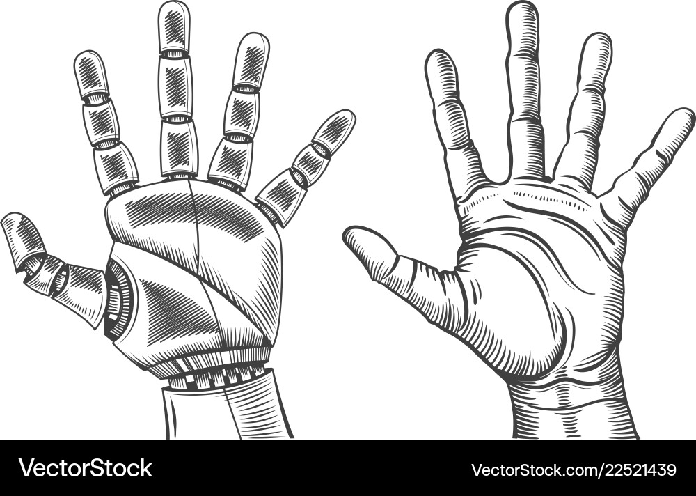 Robot and human hand sketch Royalty Free Vector Image