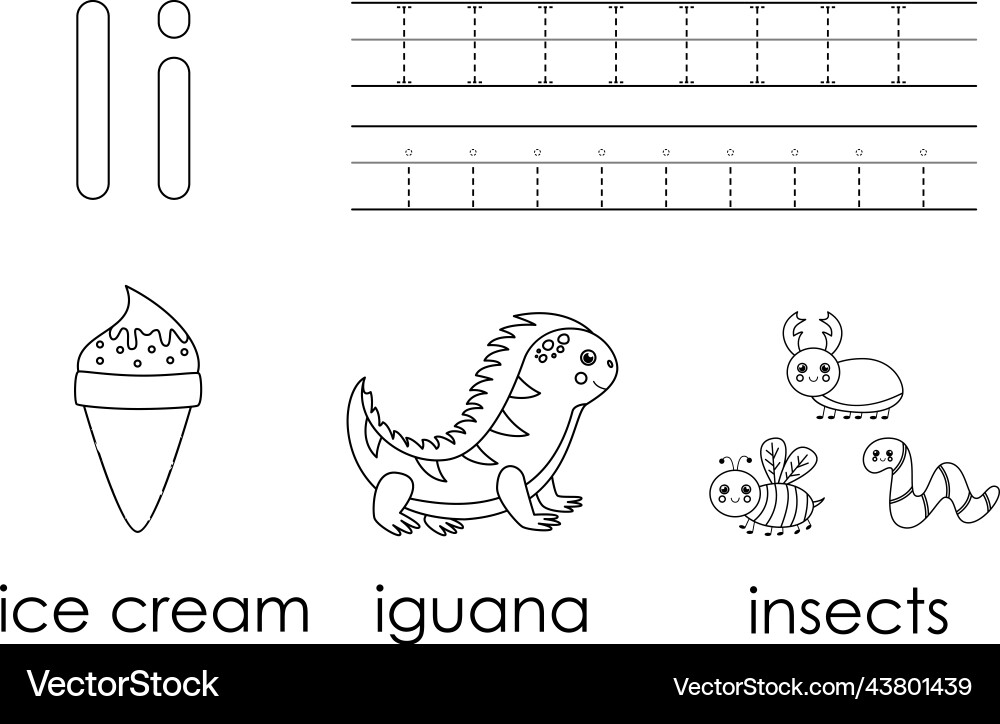 Tracing Letter I for Kids - Alphabet Worksheet Vector Image