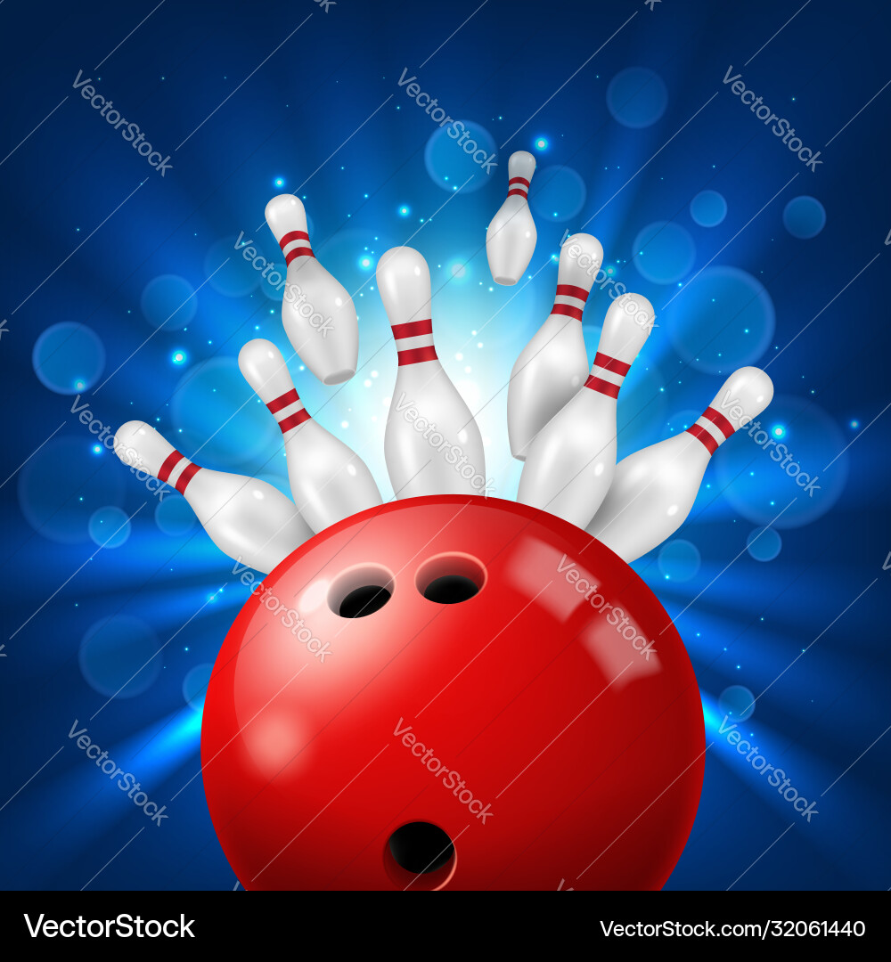 Bowling ball strike in pins 3d realistic Vector Image