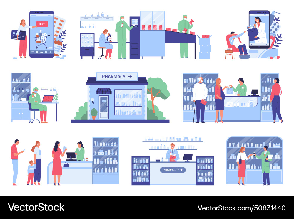Pharmacy flat set Royalty Free Vector Image - VectorStock