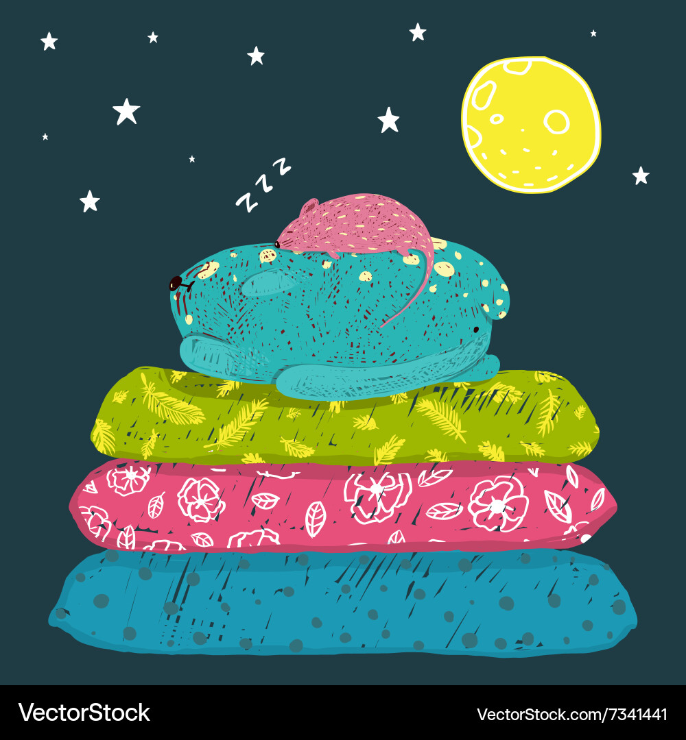 Cute cartoon cat and mouse friends sleeping Vector Image