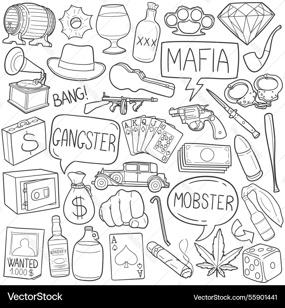 Gangster doodle icons line art Royalty Free Vector Image
