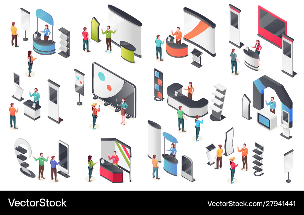 Isometric expo display stands people exhibition Vector Image