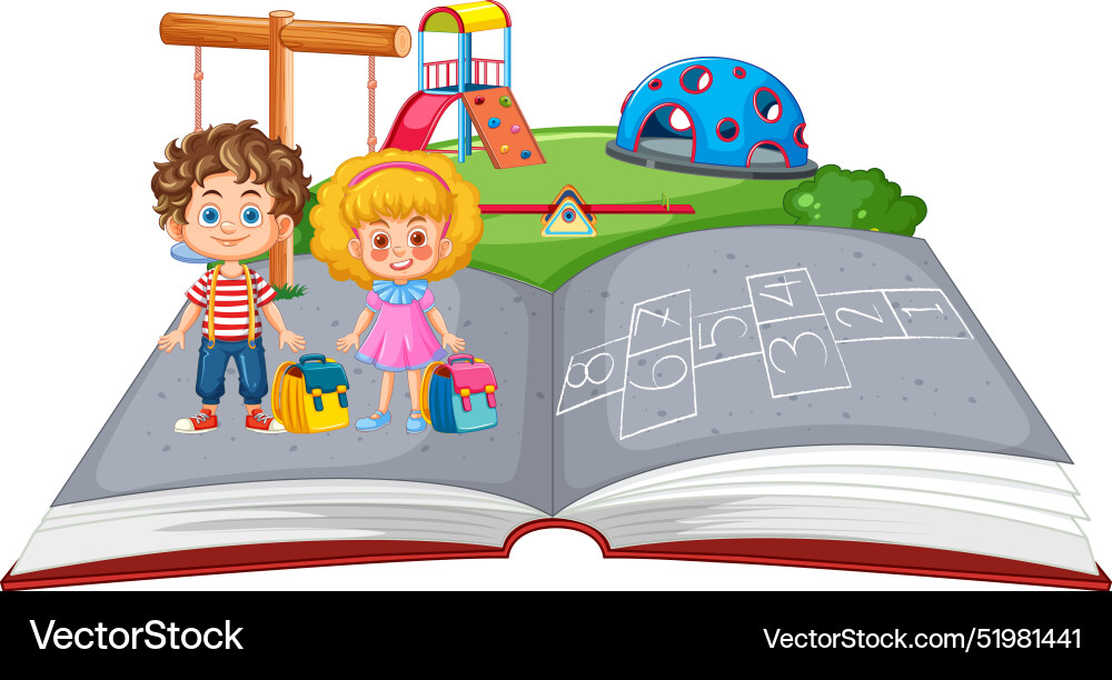 Kids playing on a giant book playground Royalty Free Vector