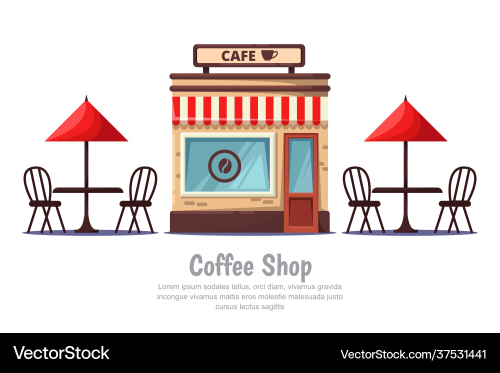 Street cafe bakery and tables with red umbrella Vector Image