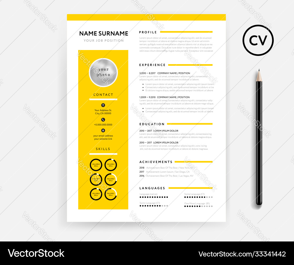 Creative cv resume minimal template - yellow Vector Image