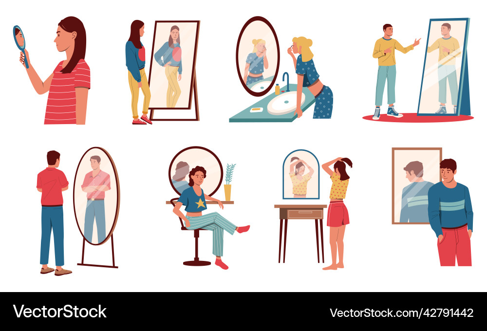 People look in mirror cartoon characters seeing Vector Image