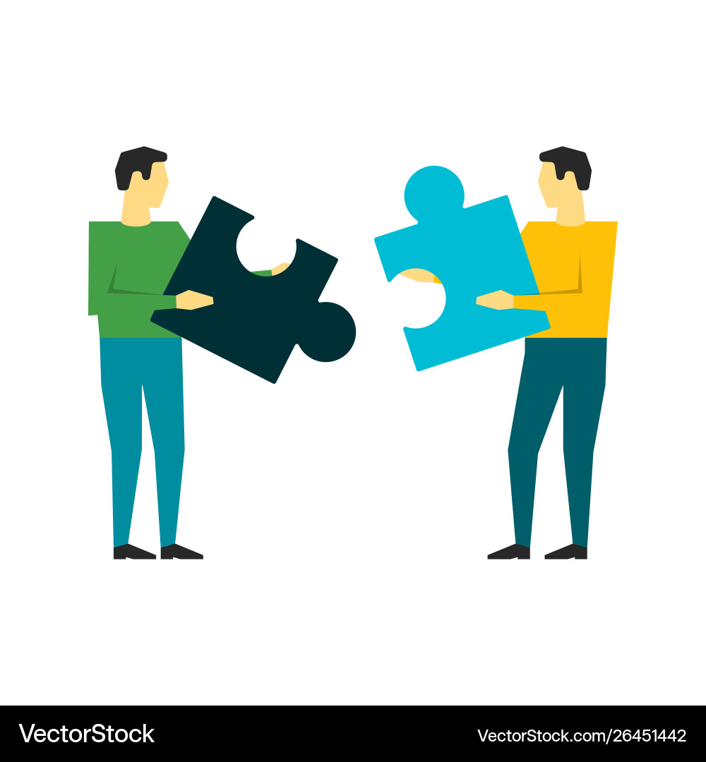 Two people connecting puzzle elements on white Vector Image