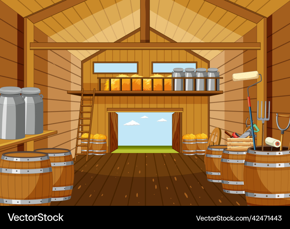 Barn indoor scene with farm animals Royalty Free Vector
