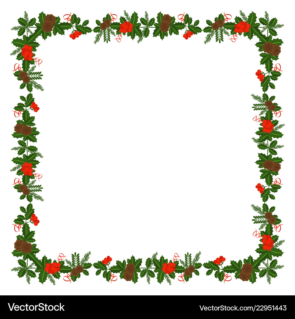 Square frame with holly berry pine branch Vector Image