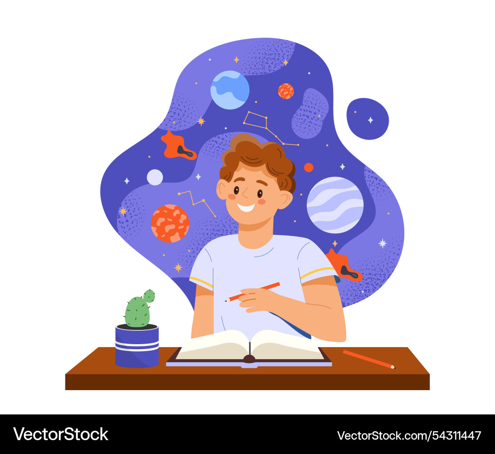 Boy with knowledge little schoolboy galaxy Vector Image