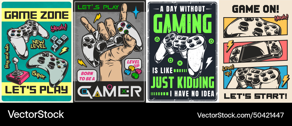 Video games set posters colorful Royalty Free Vector Image