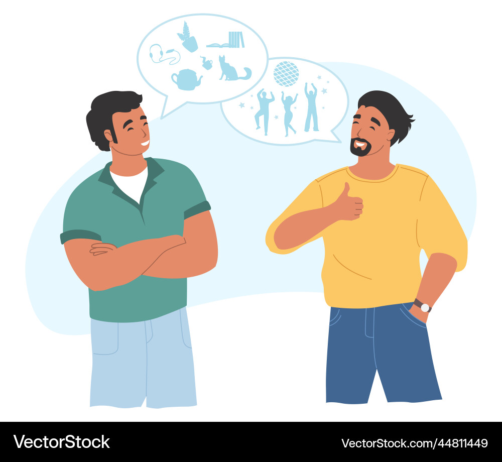 Guy friends talking together facing each other Vector Image