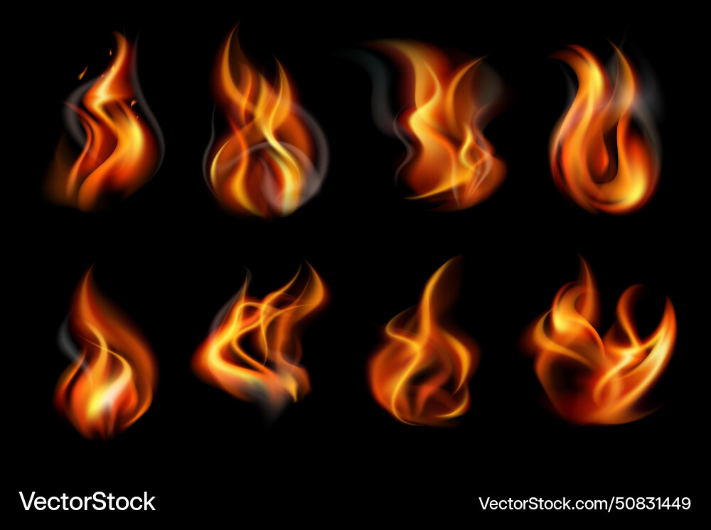 Realistic flame fire icon set Royalty Free Vector Image