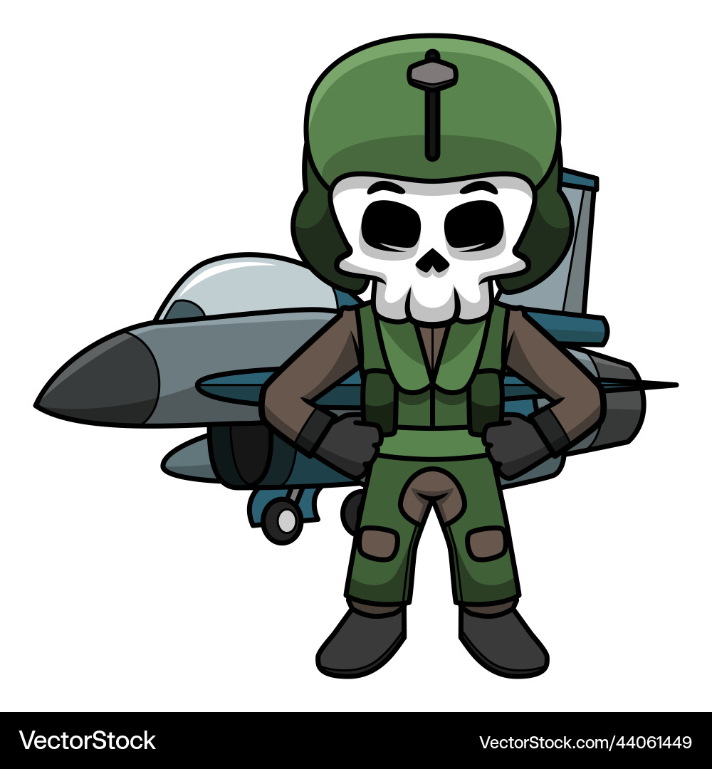 Skull pilot posing in front of a fighter aircraft Vector Image