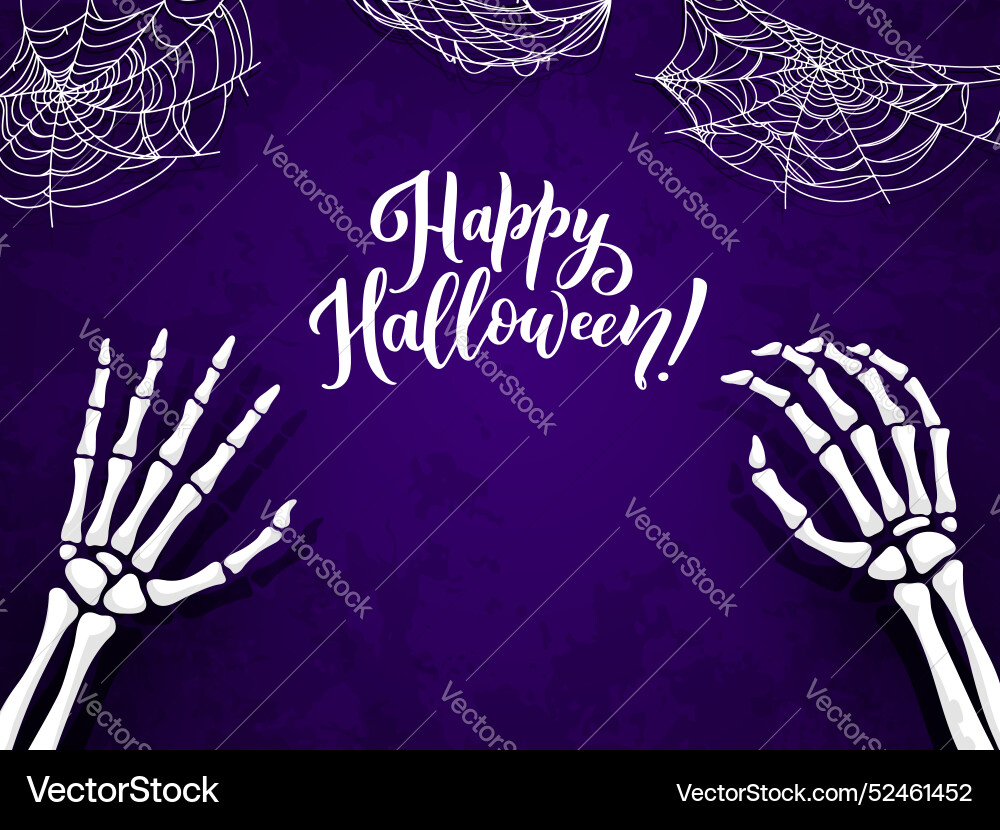 Halloween poster with skeleton hands and cobweb Vector Image