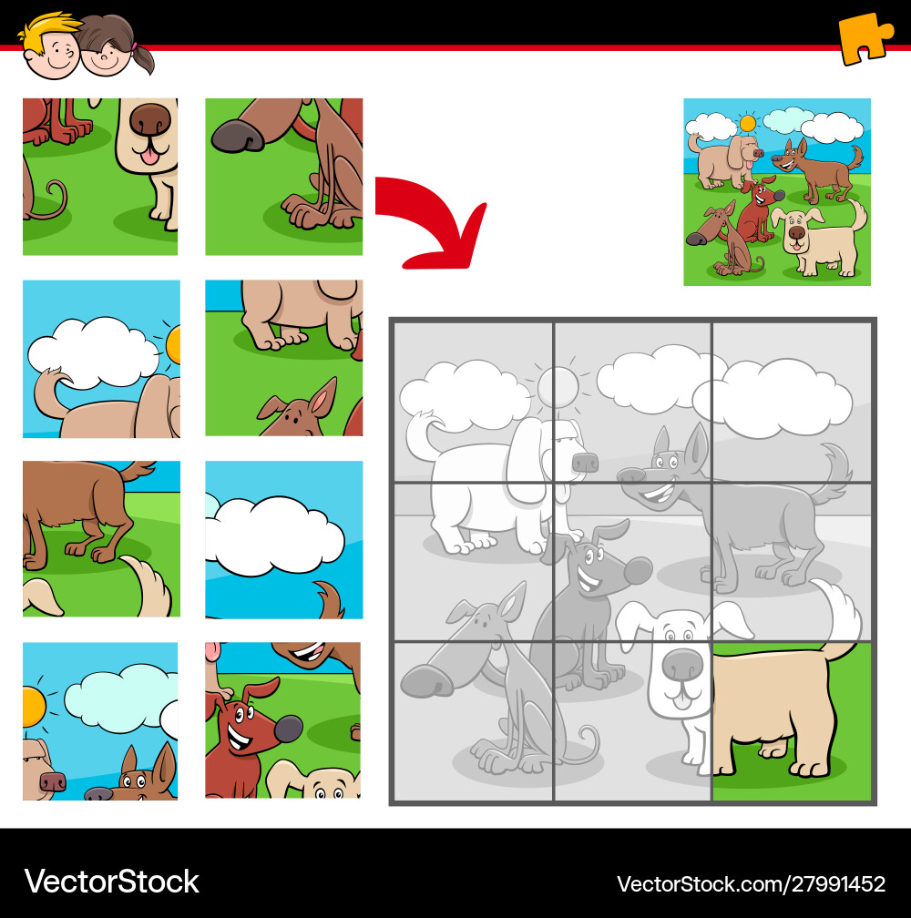 Jigsaw puzzles with cartoon dog characters group Vector Image