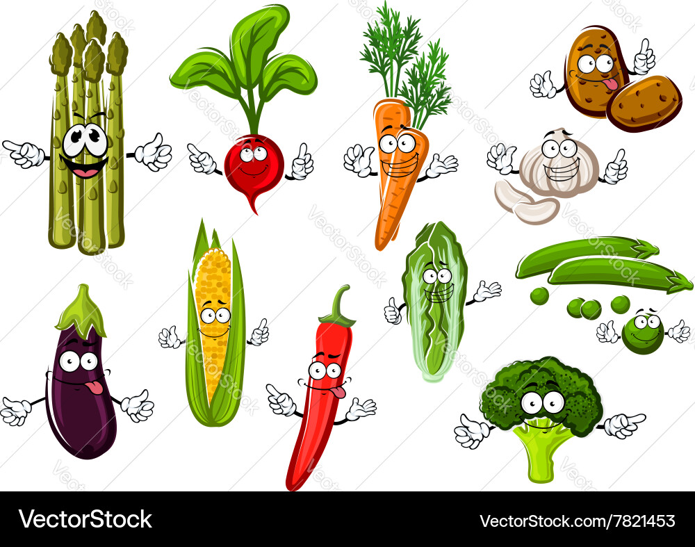 Happy farm vegetables cartoon characters Vector Image