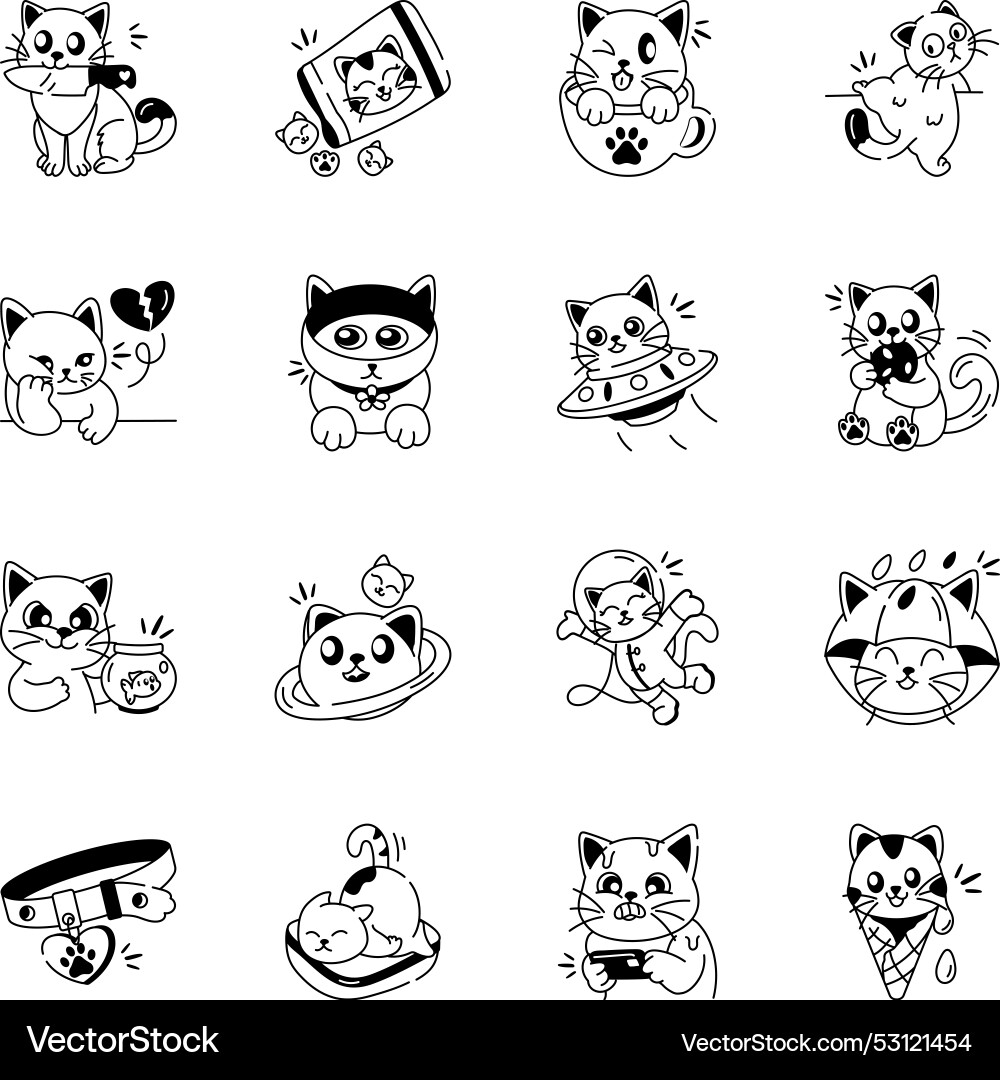 Bundle of playing cats doodle icons Royalty Free Vector