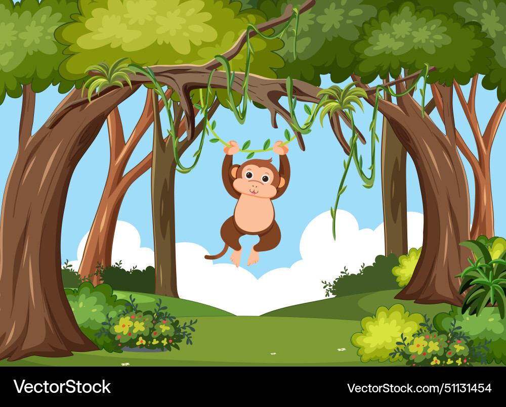 Cartoon monkey swinging from vines in a lush Vector Image