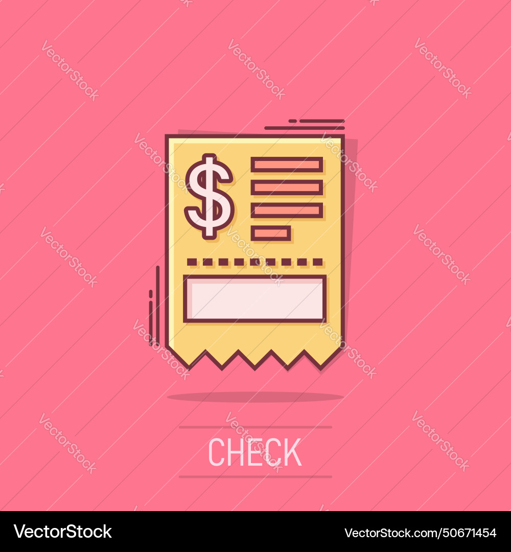 Money check icon in comic style checkbook cartoon Vector Image
