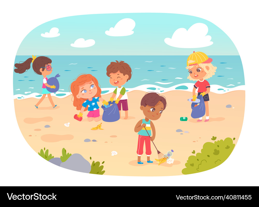 Children Cleaning Beach – Environmental Awareness
